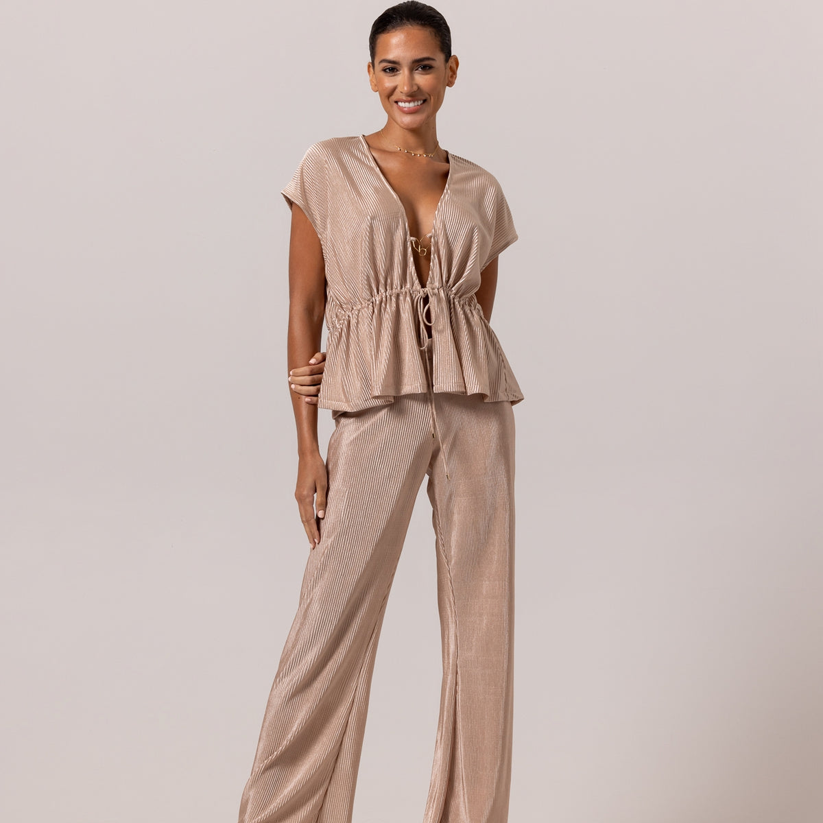 ATHENA PANTS - Plisse Champagne – Aanoukis Swimwear